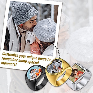 GOLDCHIC JEWELRY Heart Signet Rings With Personalised Photo, Black Pinky Ring Size K For Ladies Women