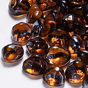TURBRO 10 lbs Tempered Fire Glass Diamonds - Dazzling Reflective Glass Rocks for Gas Fire Pits and Tabletop Fireplace - Amber