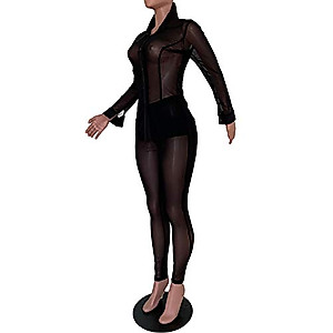 Uni Clau Women Sexy See Through Two Piece Outfits Set Long Sleeve Blouse Sheer Mesh Skinny Pants Club Jumpsuit Black XL