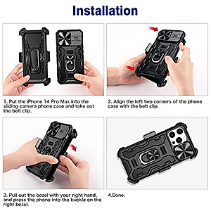 VEGO Armor Case for iPhone 14 Pro Max 5G 2022, Slide Camera Cover & Belt Clip Holster & Magnetic 360°Ring Kickstand Military Grade Heavy Duty Protection Case for iPhone 14 Pro Max 6.7”- Midnight Black