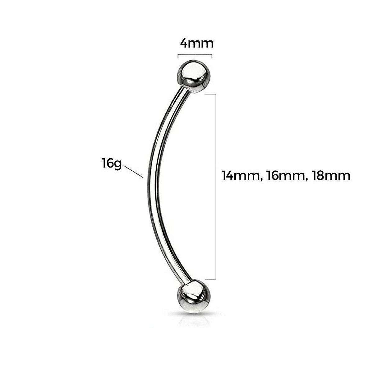 Luxe Modz Tongue Piercing snake Eyes 16g Curved Barbell with 4mm Solid balls Pack of 2