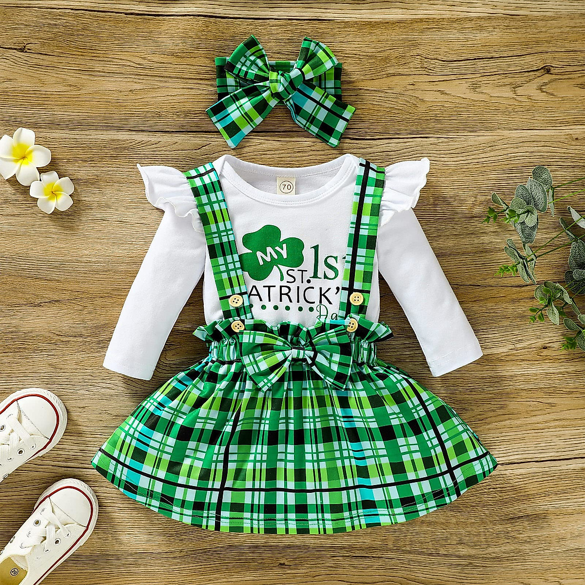 ZOELNIC Newborn Baby Girl St.Patricks Day Outfits My First St.Patrick’s Day Romper Plaid Suspender Clothes Set (Plaid, 0-3 Months)