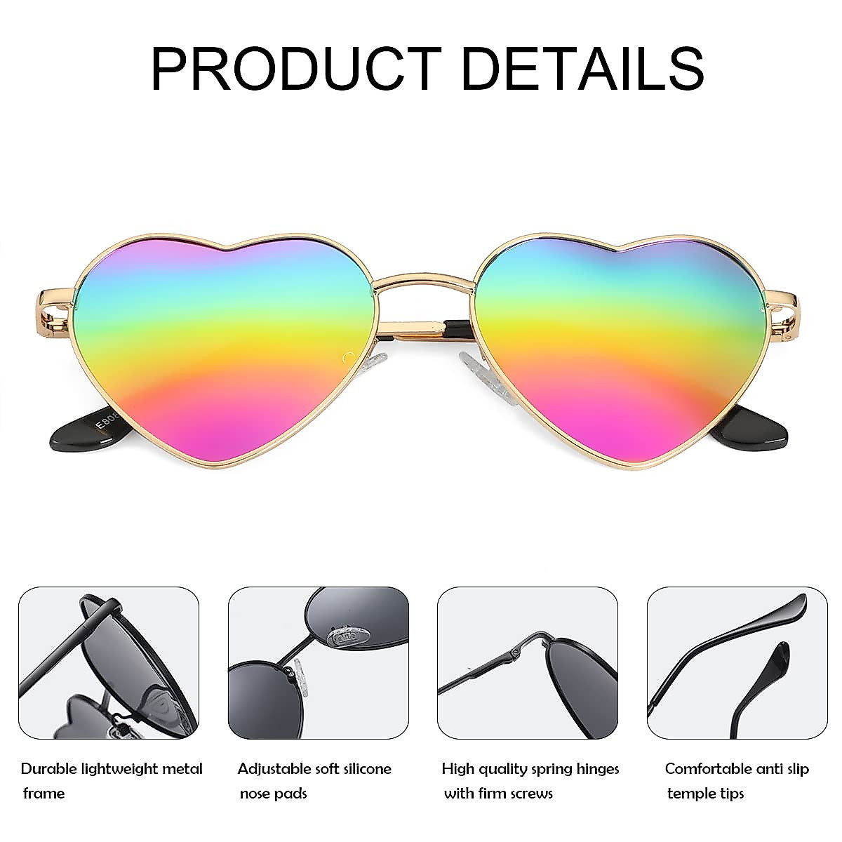 Polarized Heart Sunglasses for Women Fashion Lovely Style Metal Frame UV400 Protection Lens (Gold/Rainbow Mirror)