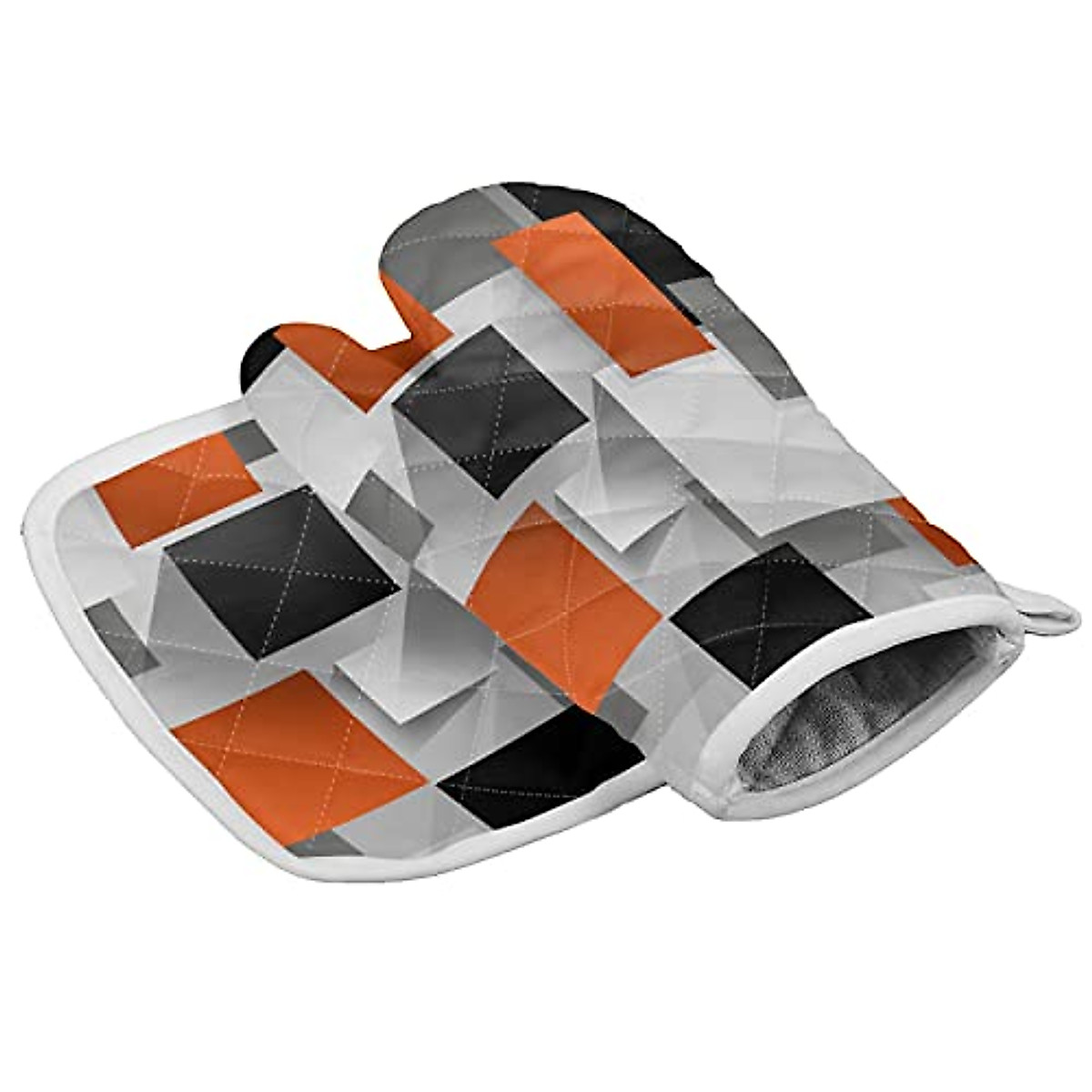 Oven Mitts, Geometric Figures Anti-Skid Cooking Gloves for BBQ, Microwave, Baking, Cooking, Thermal Insulation Hot Pads Potholders for Handling Hot Cookware Orange Grey Black Color Block