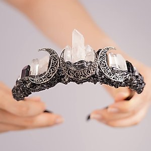 JWICOS Raw Crystal Quartz Crown Clear Crystal Headband Tiara Moon Goddess Witch Headpiece for Women and Girls Halloween Costume (Silver)