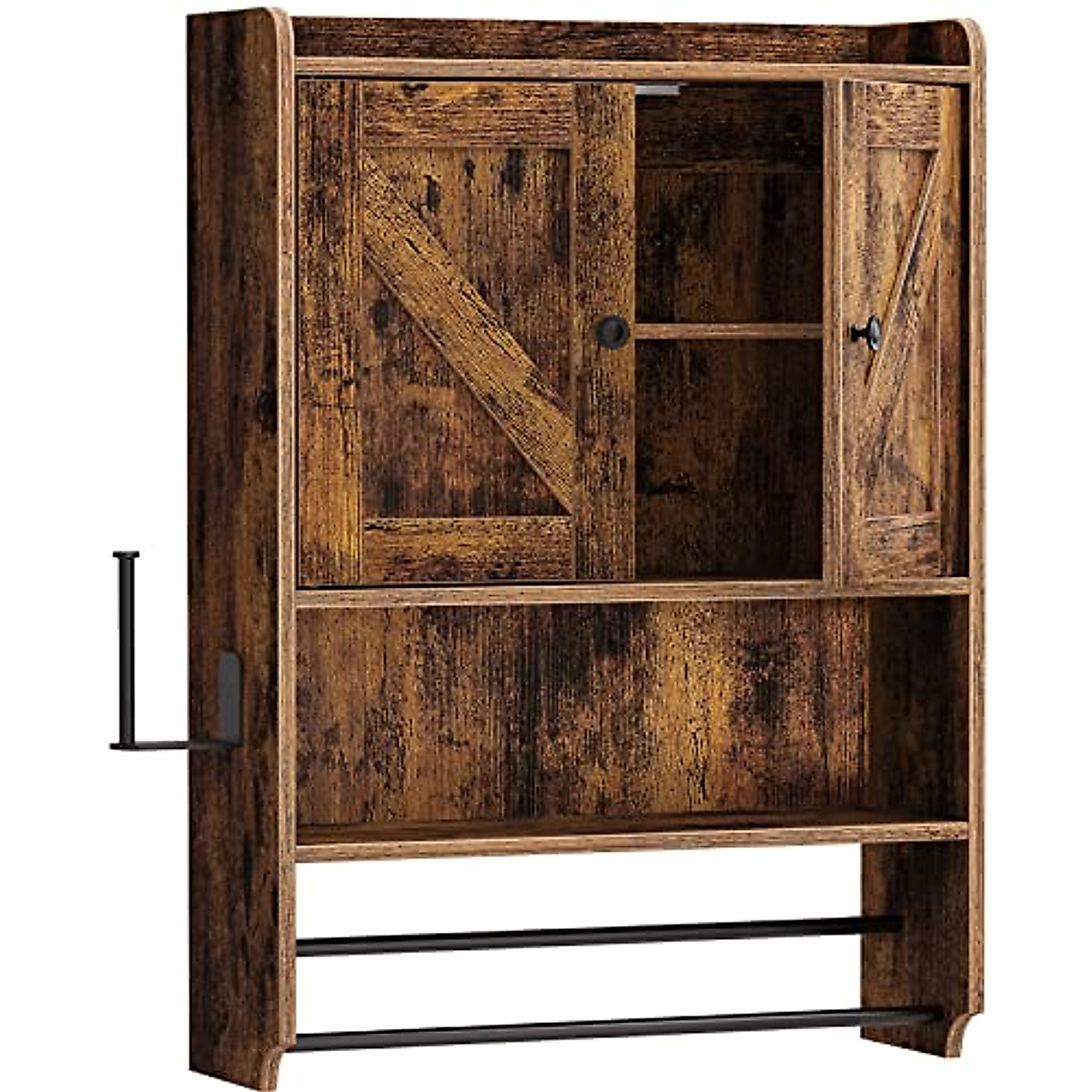 Rolanstar Bathroom Cabinet Wall Mounted with 2 Doors, Medicine Cabinet with Large Space, 4-Tier Over The Toilet Space Saver Storage Cabinet with Toilet Paper Holder and 2 Towels Bar, Rustic Brown