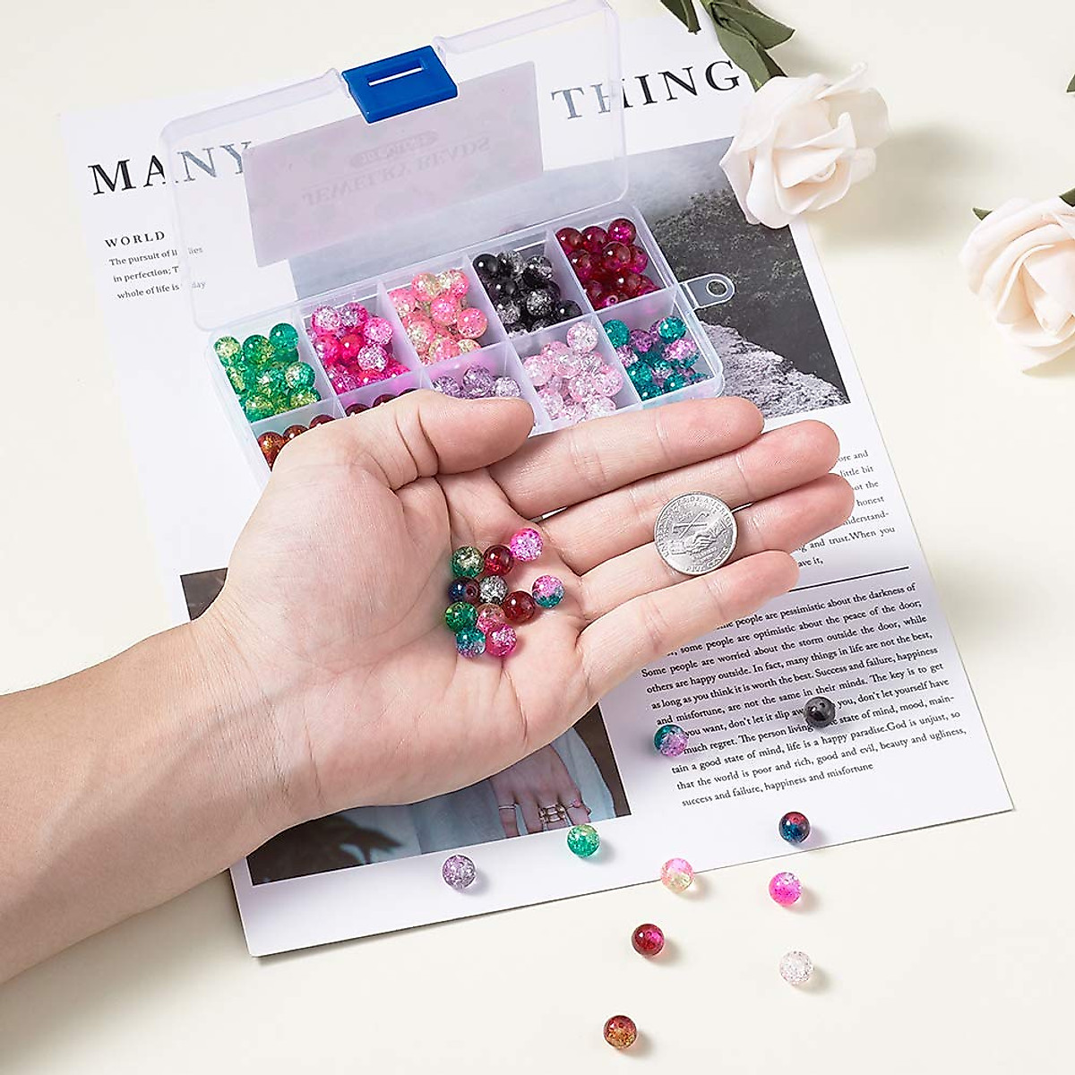 KISSITTY 8mm Crackle Glass Crystal Beads 10 Colors Two Tone Transparent Crackle Glass Loose Round Beads for DIY Jewelry Pen Sun Catchers Making About 200pcs/box