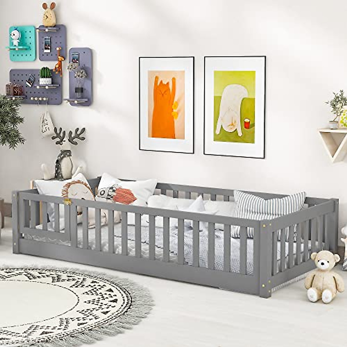 Twin Size Floor Platform Bed with Fence, Wooden Playpen Bed for Kids, Kids Fence Bed with Door, No Box Spring Needed (Grey)