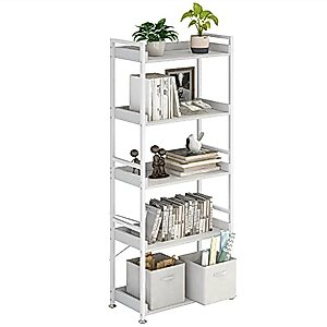 4NM Open Shelf 5-Tier Industrial Bookshelf Storage Shelves Vintage Bookcase Standing Racks for Home Office Pantry Closet Kitchen Laundry - All White