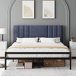Homhougo Twin Bed Frame, Platform Bed Frame with Velvet Headboard, Heavy Duty Metal Bed Frame with 15 Strong Slats Support, Box Spring Optional, Easy Assembly, Grey