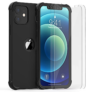 iPhone 12 Mini Case, ORETech Heavy Duty Shockproof Cover with 2 Tempered Glass Screen Protectors - 5.4" Black