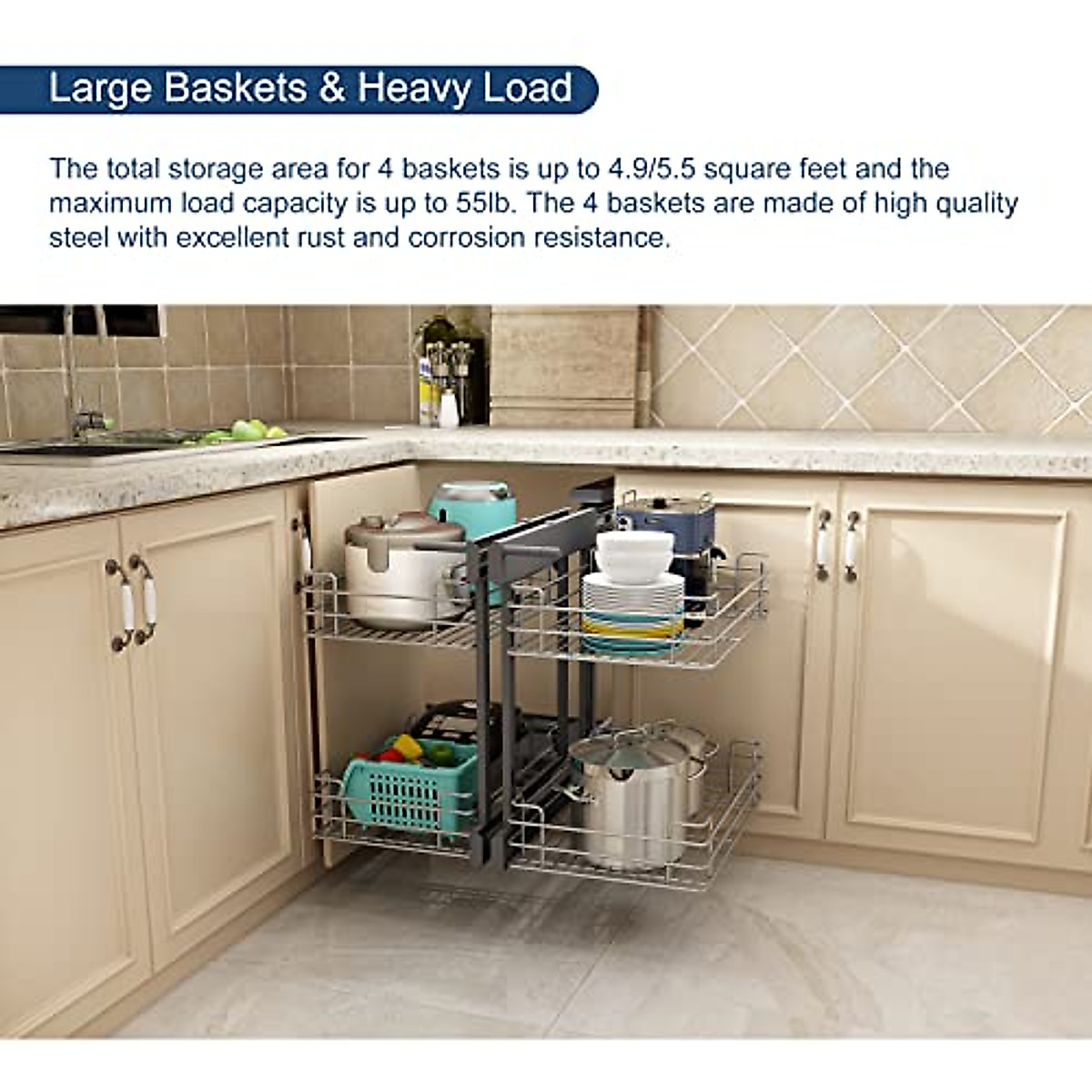 VADANIA Blind Corner Pull Out Organizer for 32" Cabinet, Left Open & Right Open Compatible, Min Opening 14", 2-tier Pull-out Basket, Soft Close, Bottom Mount