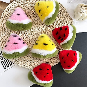 URSFUR Soft Fur Keychain Cute Rabbit Ball Pom Pendant Plush Doll Key Chain Ring Car Bag Charm for Women Girls Watermelon