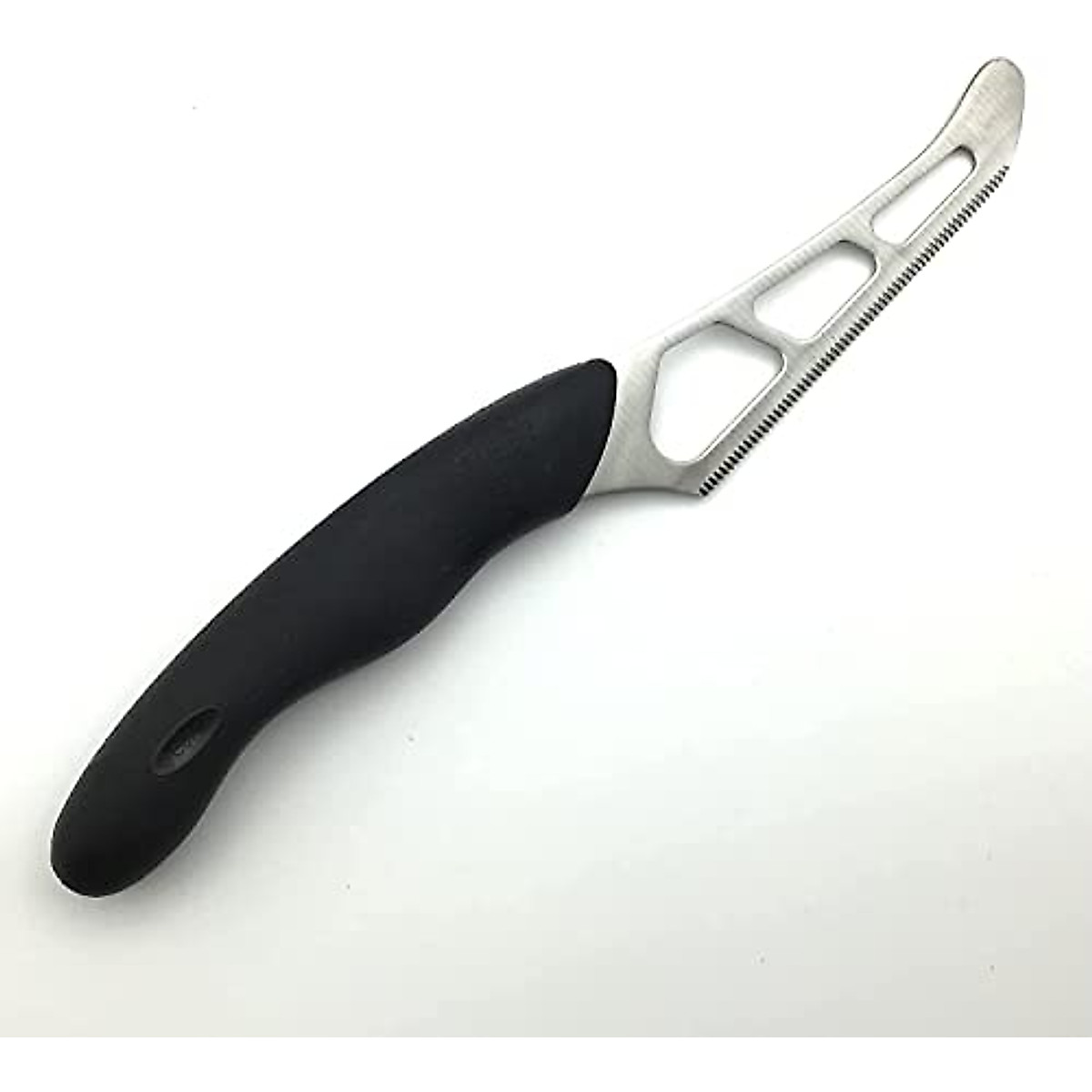 Model 1504 CUTCO Cheese Knife w/ 5.5" Micro-D® serrated edge blade & 5" black Soft Comfort-grip handle. Holes on blade’s surface helps cheese fall away during cutting.