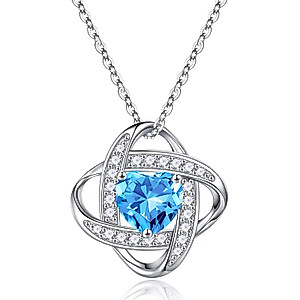 Love Knot Birthstone Necklace for Women, 925 Sterling Silver Love Knot Heart Birthstone Necklace Jewelry Natural or Created Gemstone Valentines Day Birthday Gifts for Her Mom Wife Girlfriend,