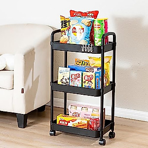 Gagee 3 Tier Rolling Cart with Wheels and Handle,Rolling Storage Cart for Office, Living Room, Laundry Room,Kitchen,Bathroom,Black
