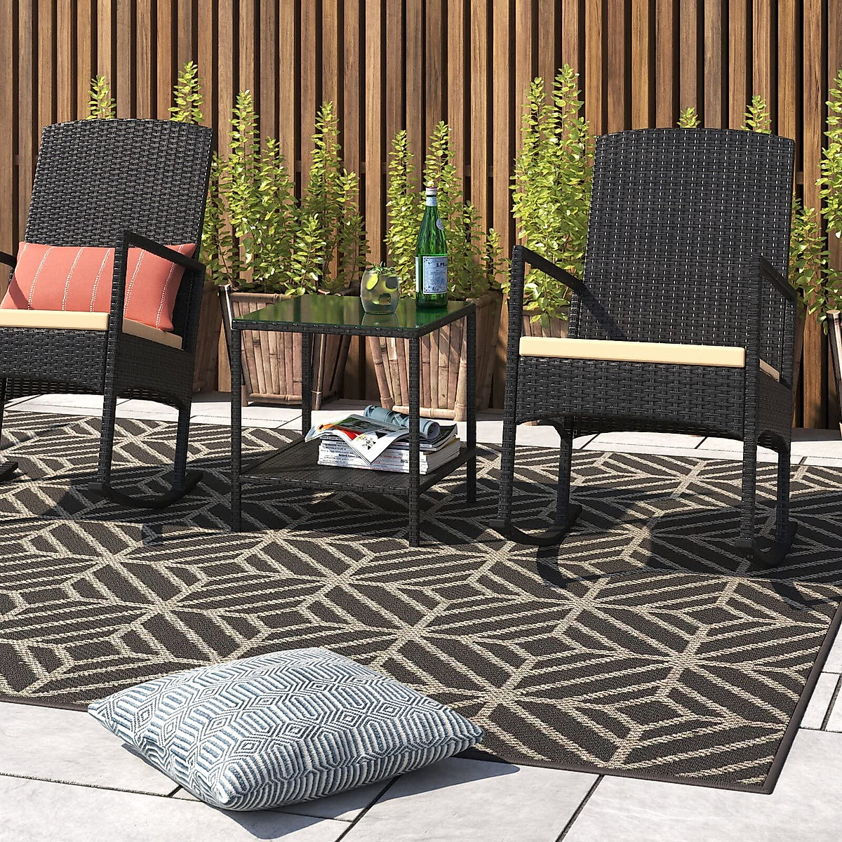 Barton 3 Pieces High Back Rocking Chair Set w/Glass Table Black Outdoor Patio Furniture Wicker Rattan Modern Conversation Chat Seating