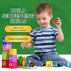 CoolToys Stack n' Sort Baby Toddler Learning Toys, 3 Developmental Educational Game Set, Nesting & Stacking Cups, Shape & Color Sorting Stackable Wooden Pieces, Montessori Wooden Puzzle, Jungle Theme