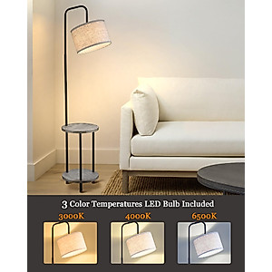 ELYONA Modern Floor Lamp with End Table, Rubber Wood Bedside Table Lamp with Adjustable Drum Shade, Rustic Tall Pole Shelf Reading Standing Light for Farmhouse Bedroom, Living Room, Office - Walnut