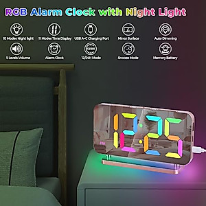 Poeroa RGB Alarm Clock,7.4” LED Mirror Digital Clocks Large Display,with Night Light,USB C Charger Port,Auto Dimmer,Modern Desk Clock for Bedroom Home Office Decor - Rose Gold