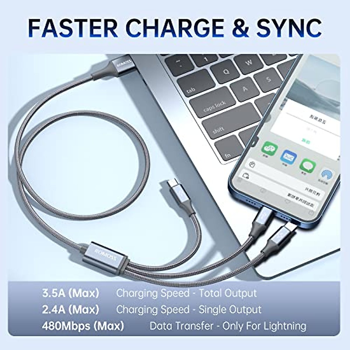 ROMOSS Multi USB Charging Cable -【2Pack】 5FT Universal 3 in 1 Multiple USB Charger Cable Fast Charging Cord with USB C, Micro USB Port Compatible for iPhone/Tablets/Samsung Galaxy/Google Pixel More