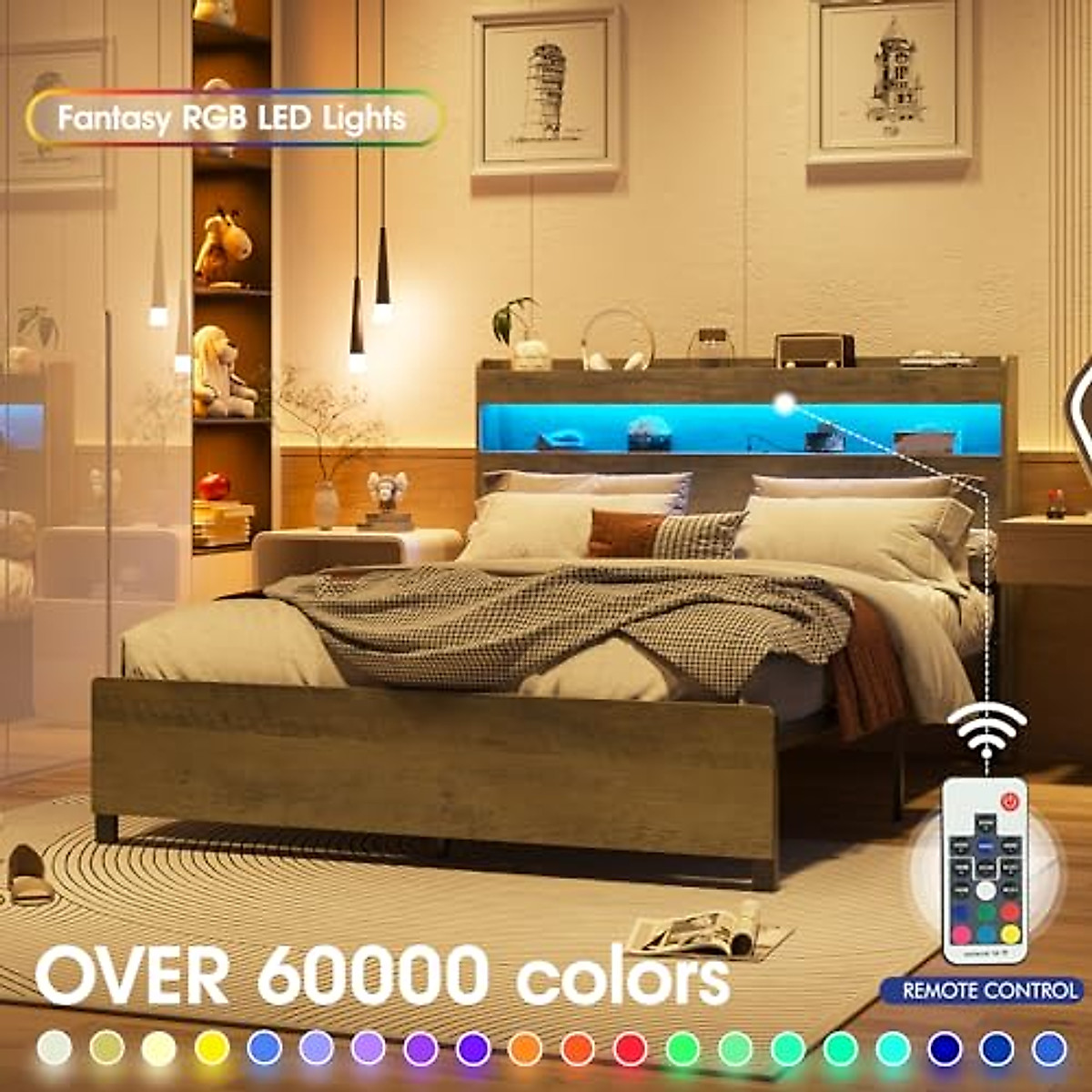 Grey Full Size Bed Frame with 2-Tier Wooden Storage Headboard and Charging Station Modern Upholstered Platform Full Bed Frame with RGB LED Lights Metal Support,No Box Spring Needed,Noise Free,Gray