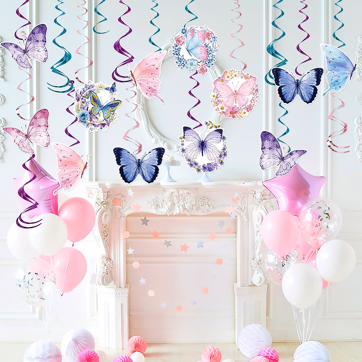 JUNEBRUSHS 46Pcs No Installation Hanging Butterfly Decorations Butterfly Birthday Decorations Spring Summer Themed Swirls Garland for Girl Birthday Wedding Party Baby Shower Garden Party
