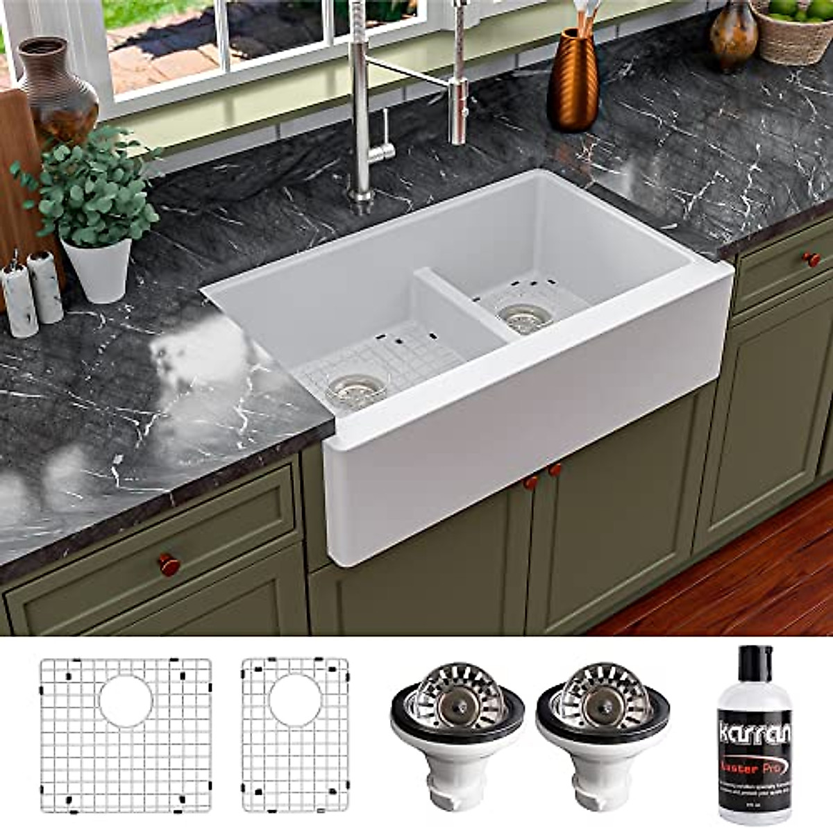 Karran QA-760 34" Undermount Large/Small Bowl Quartz Farmhouse Kitchen Sink Kit in Black