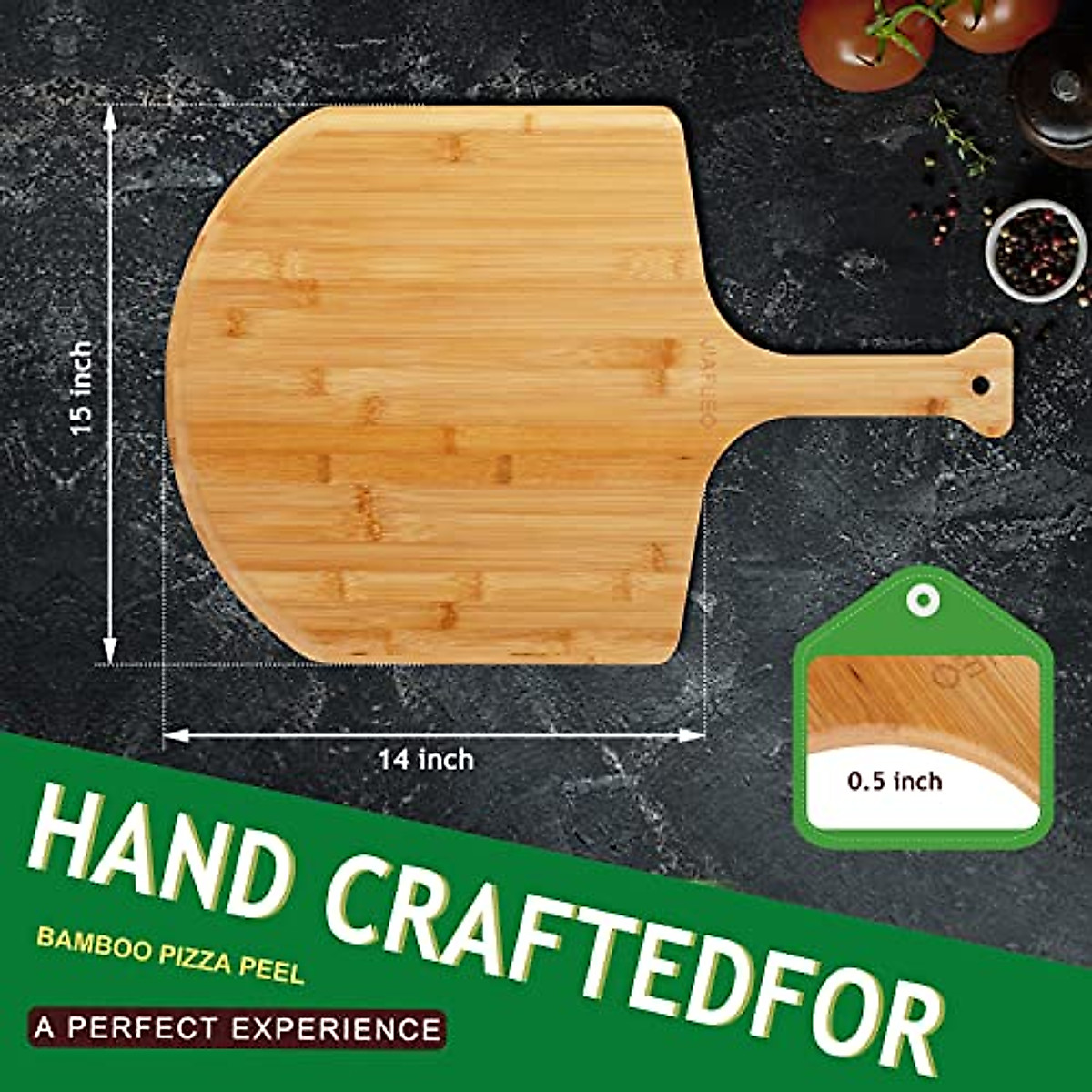 JIAFUEO Bamboo Pizza Peel 15 inch Wide, Large Wooden Pizza Spatula Paddle Pizza Cutting Board with Comfy Handle for Home Pizzeria Bakery Baking Pizza Bread Cutting Fruit