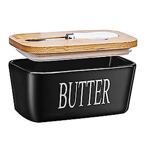 Butter Dish with Lid and Knife, Airtight Black Porcelain Butter Container, Large Ceramic Butter Storage with Sealing Covered for Countertop, Butter Dishes, JSHKY (Color-Black)