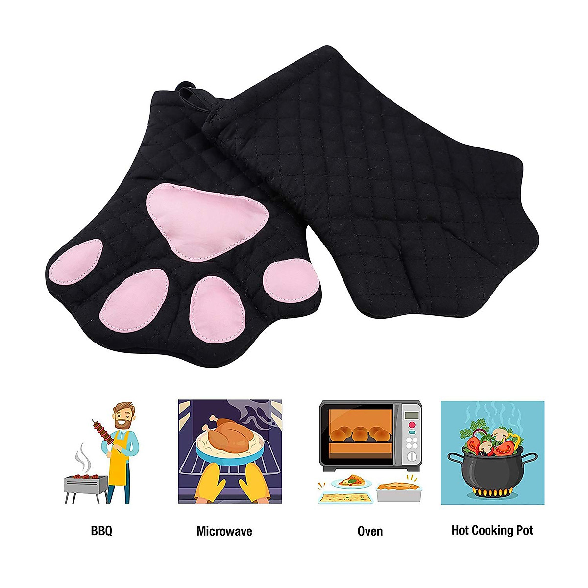 Oven Mitts,Cat Design Heat Resistant Cooking Glove Quilted Cotton Lining- Heat Resistant Pot Holder Gloves for Grilling & Baking Gloves BBQ Oven Gloves Kitchen Tools Gift Set BBQ,Microwave (Black)