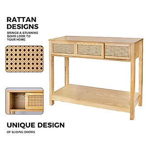 Long Console Table, Console Tables for Entryway, Rattan Entry Table Narrow Wood Console Table with Storage, Modern Couch Table Hallway Table Boho Sofa Table for Living Room