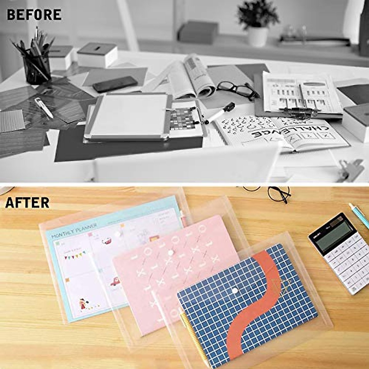 EOOUT 50pcs Plastic Envelopes with Button Snap Closure, Clear Plastic Poly Envelope, Folders for Documents, Waterproof Plastic File Folder, Letter Size, A4 Size, for School and Office Supplies