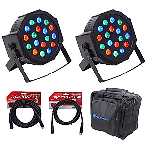 (2) Rockville LED RGB Par Can Wash Light + Dual Bracket Bundle: DJ/Club DMX Wash Light, (1) Universal Travel Bag, (1) 25ft 3 Pin DMX Lighting Cable, (1) 10ft 3 Pin DMX Lighting Cable (5 Items)