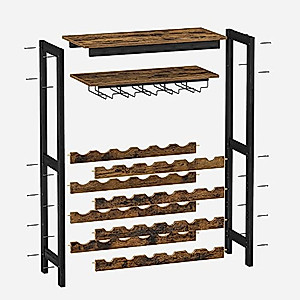 SONGMICS 24-Bottle Freestanding Wine Rack, Wine Storage Display Shelves with Tabletop and Glass Holder, Bar Rack with Bottle Holder for Kitchen Bar Dining Room, Rustic Brown and Black UKWR028B01