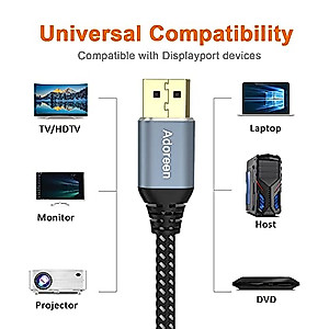 Adoreen 4K DisplayPort Cable 20 feet, Braided DP to DP 1.2 Cord(from 1.5 to 50ft) 4K@60Hz 2K 1440p@120Hz 1080p Full HD Display Port for 3D,PC TV,Gaming Monitor with 5 Ties(6.1m)-NOT HDMI