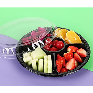 12 PCS Round Appetizer Plastic Serving Tray with Lids and Fork, Divided Candy Nut Serving Plate, Disposable Fruit Dish Platter Appetizer Tray for Dried Fruit, Snack, Desserts (Black)