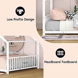 Kids Montessori Floor Bed Frame, Full Size House Bed Frame with Headband and Slats, Heavy Duty Metal Montessori Bed for Kids, Girls, Boys, White Floor Bed Full Size