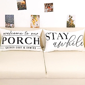 TAJWE Outdoor Pillow Covers Waterproof 12x20 Set of 2 Welcome to Our Porch Stay Awhile Cushion Cases for Patio Furniture Sofa Couch Decor