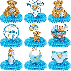 9 Pcs Bear Honeycomb Centerpieces It's a Boy Baby Shower Table Decorations Blue Bear Party Supplies Bear Themed Kids' Party Centerpieces Table Topper Decoration for Gender Reveal Parties