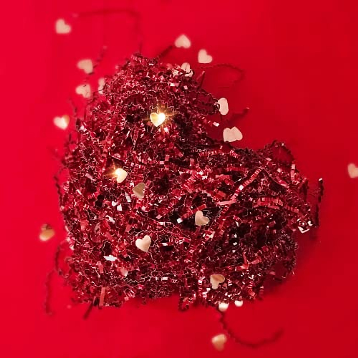 PAPER FAIR 1 LB Valentine's Day Crinkle Cut Paper with Rose Gold Heart Confetti, Metallic Red Paper Shred Filler Strand Raffia Tissue Craft Bedding Cushion, Christmas Party Birthday Gift Box Basket Retail