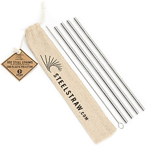 Metal Straws - 4 Reusable Stainless Steel Straws w/Cleaning Brush in Cloth Bag - Straight Straw fits 20 oz Tumblers
