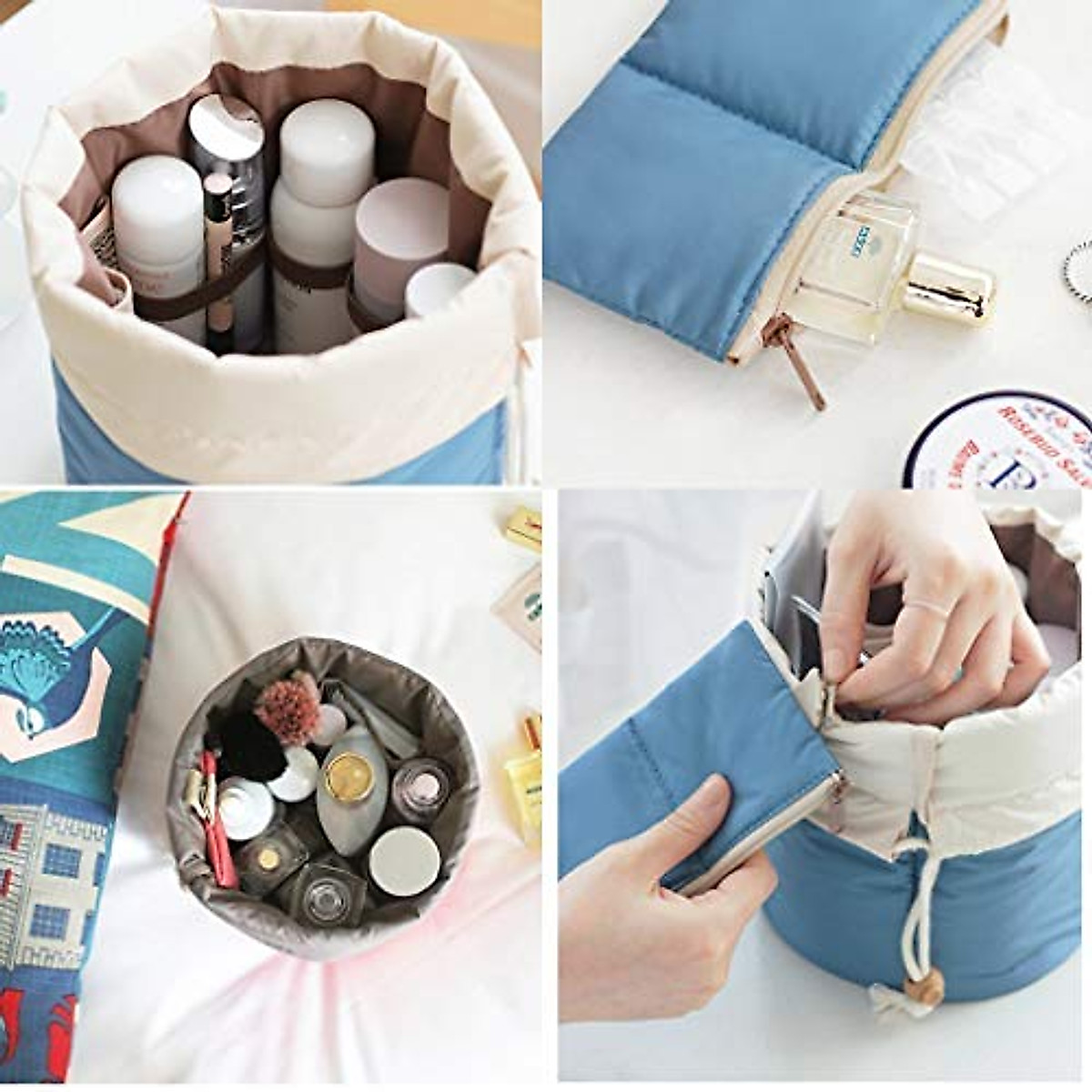 EUOW Travel Cosmetic Bags Barrel Makeup Bag,Women Portable Foldable Cases, Multifunctional Toiletry Bucket Bags Round Organizer Storage Pocket Soft Collapsible(Deepblue)