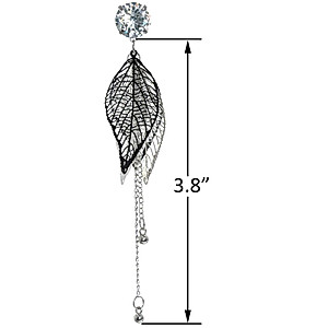 Cubic Zirconia Stainless Steel Dangle Silver Black Leaves Ear Tunnels Gauge Piercing Plugs Stretcher with O-ring 4g 5mm