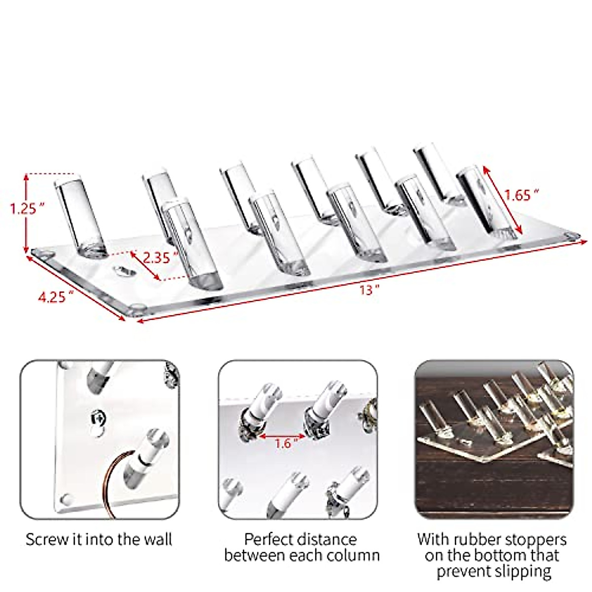 Ikee Design Multipurpose Acrylic Wall mounted Jewelry Stand Organizer, Bracelets Rings Bangles Display Rack for Store, Showcase, Trade Show, Set of 2, Clear, 13”W x 4 1/4”D x 1 3/4”H