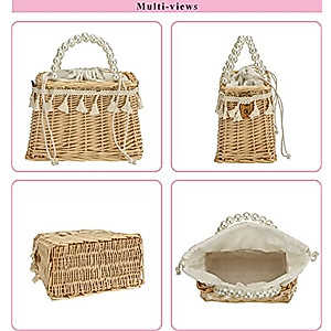 TaiGuri Women's Handmade Rattan Basket Artificial Pearl Woven Purse Handbag Tote Shoulder Bag Beige