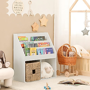 SoBuy White Children Kids Bookcase, Metal Kids Bookshelves Rack with Toy Storage Organizer, Book Shelf Storage Display Rack Organizer Holder, KMB01-W