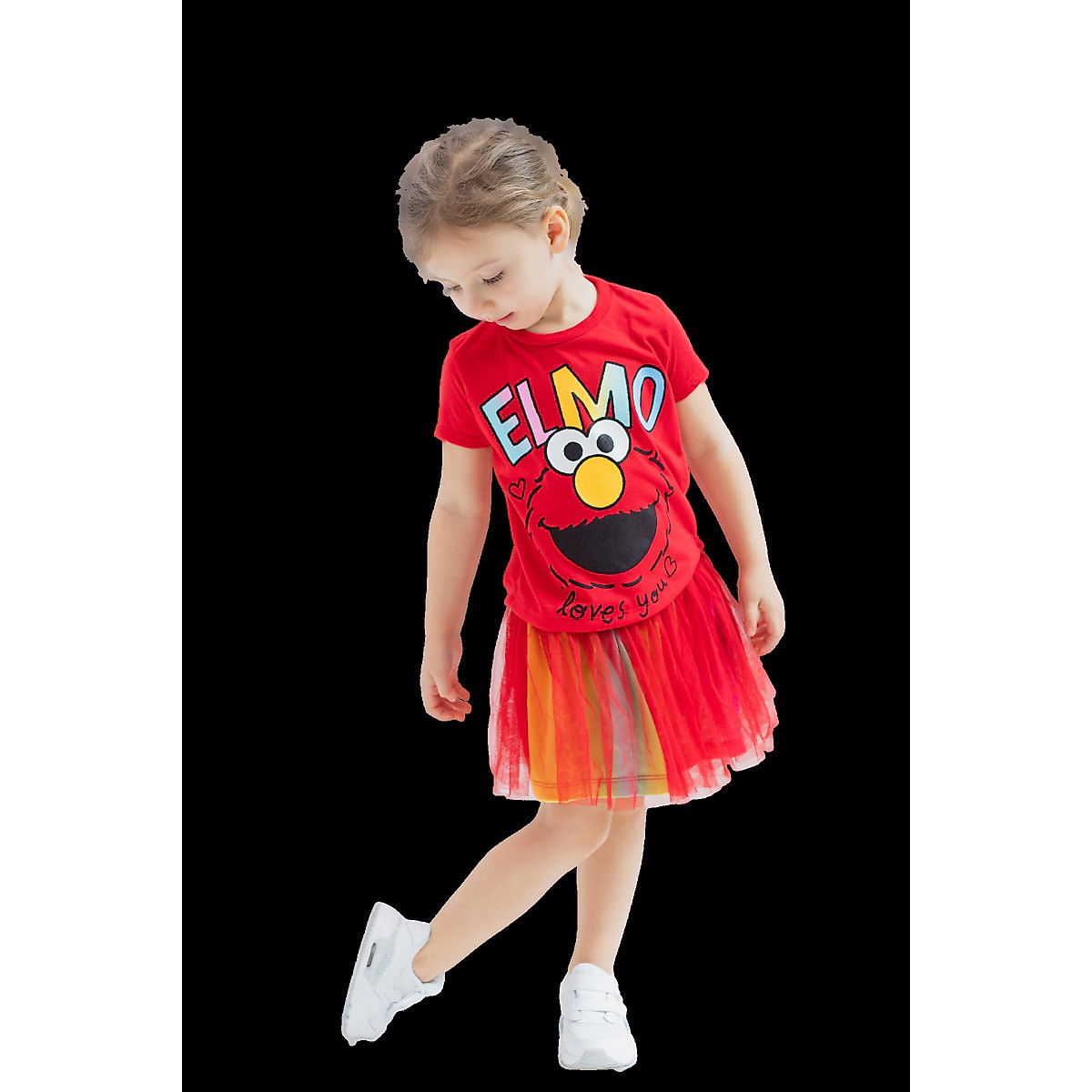 Sesame Street Elmo Toddler Girls Graphic T-Shirt Mesh Skirt and Scrunchie 3 Piece Outfit Set Red/Rainbow 2T
