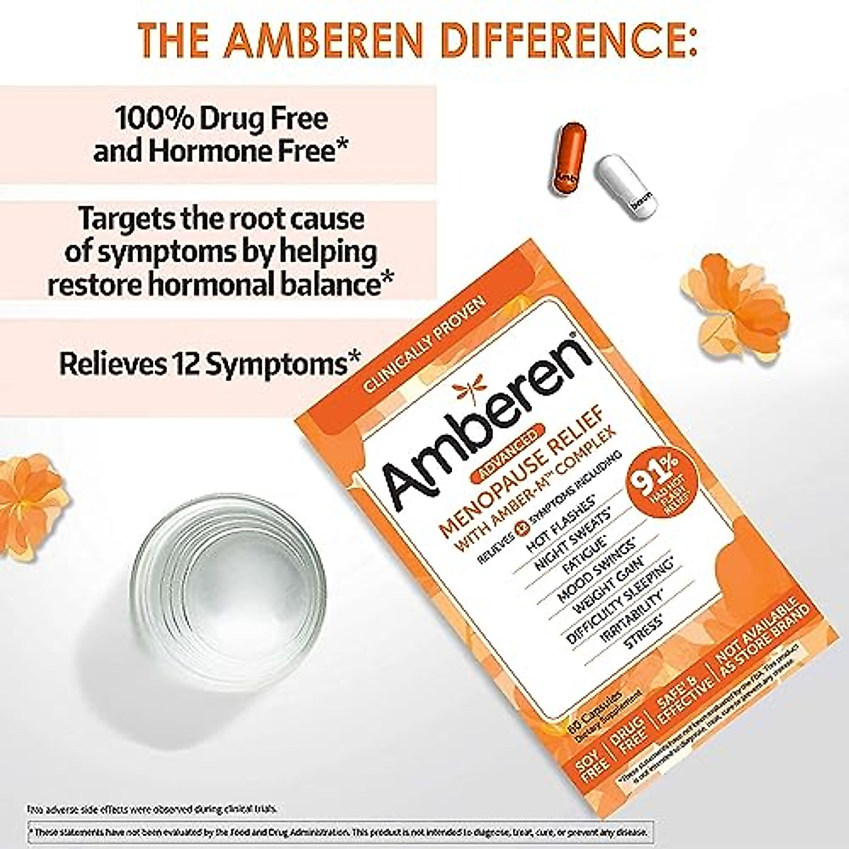 Amberen: Safe Multi-Symptom Menopause Relief. Clinically Shown to Relieve 12 Menopause Symptoms: Hot Flashes, Night Sweats, Mood Swings, Low Energy and More. 2 Month Supply