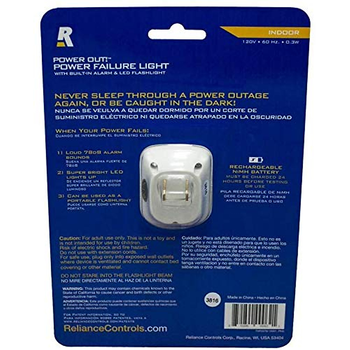Reliance Controls THP207 Plug-In Power Failure Alarm with LED Flashlight,White
